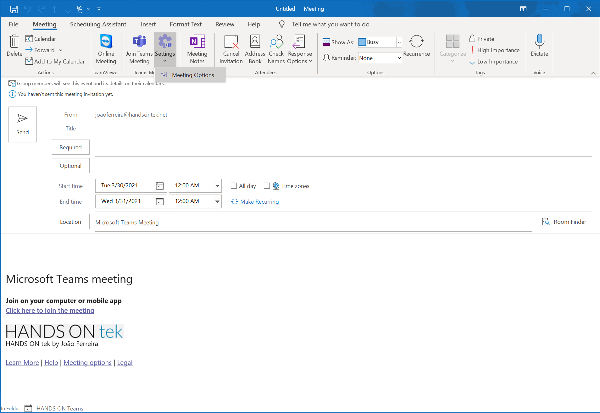 Meet now and meeting options available in Outlook for desktop - HANDS ...